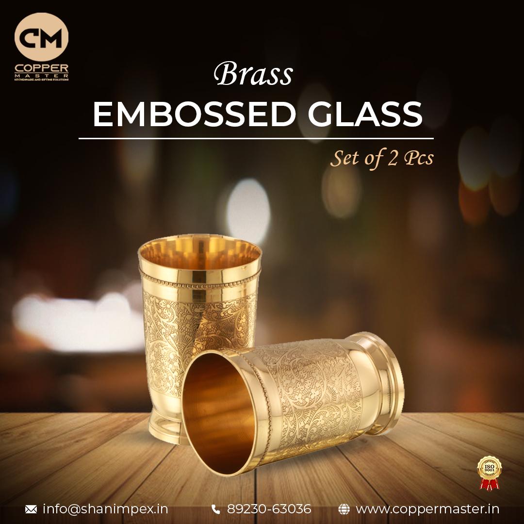 Copper-Master Mughlayi Style Embossed Design Glass Tumbler for Home and Restaurant 99.9% Pure ...